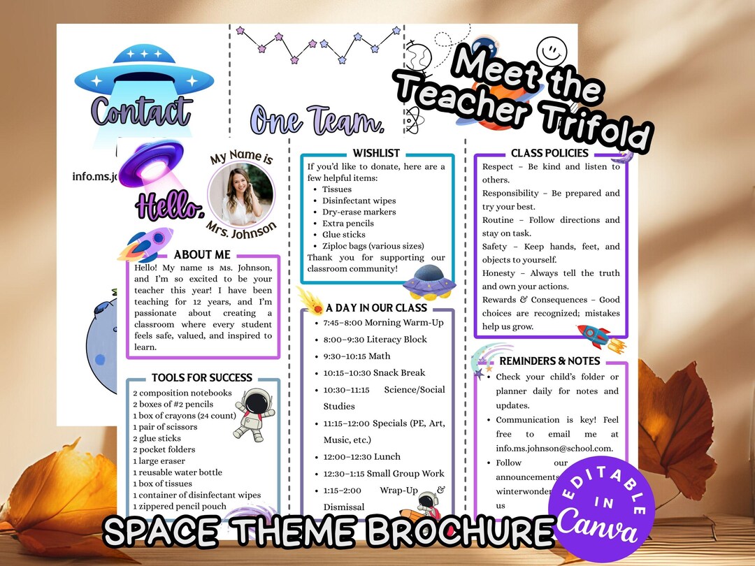 Space Theme Trifold Brochure for Teachers, Editable Outer Space Meet ...