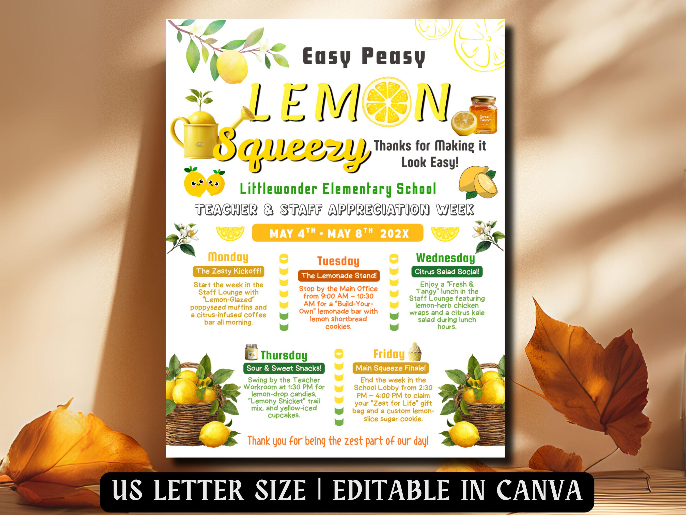 Lemon Theme Teacher Appreciation Week Itinerary Editable Template ...