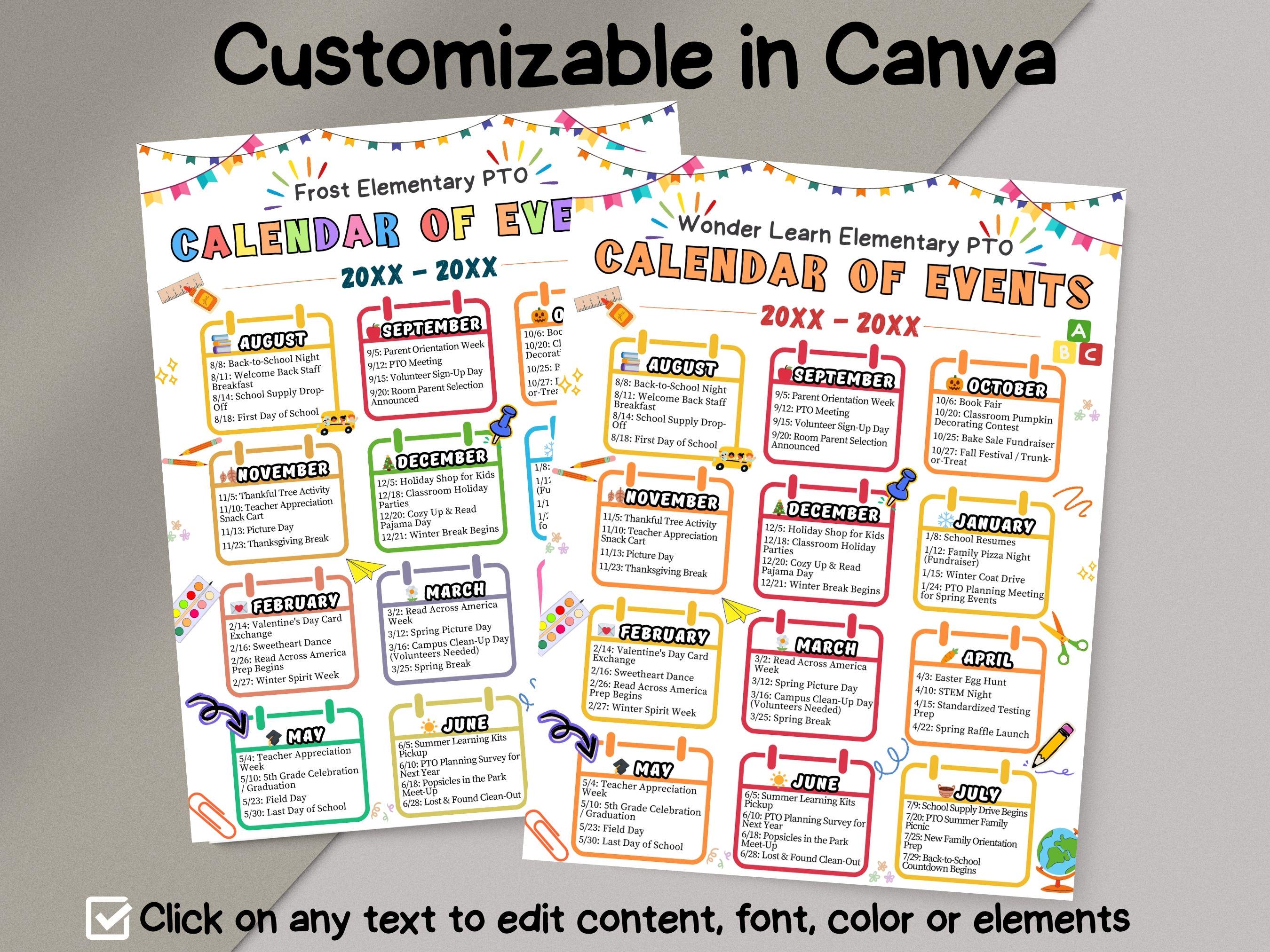 PTA Calendar of Events Flyer Editable PTO Monthly Events Template for ...