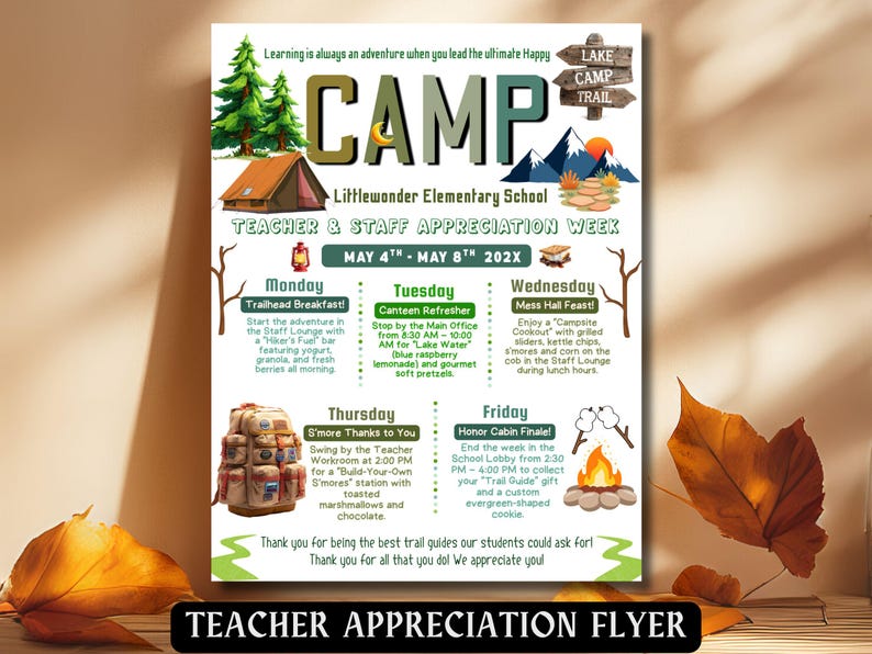 Camping Theme Teacher Appreciation Week Itinerary Flyer Editable Summer ...