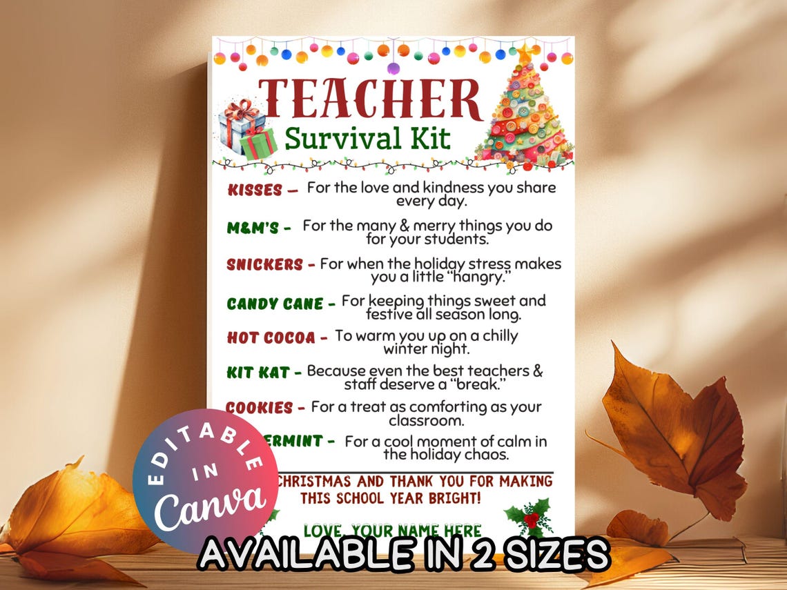 Christmas Teacher Survival Kit Tags Printable Teacher Christmas Gift ...