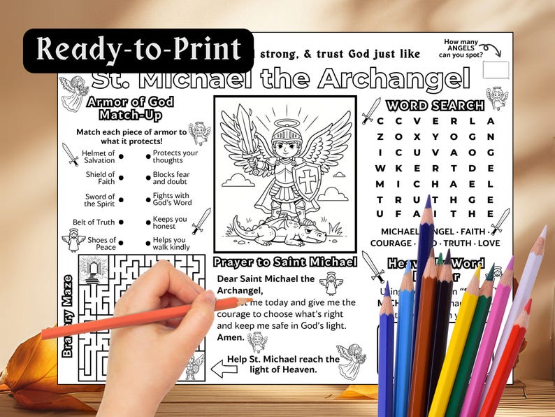 St Michael the Archangel Coloring Activity Placemat Kids Catholic Saint ...
