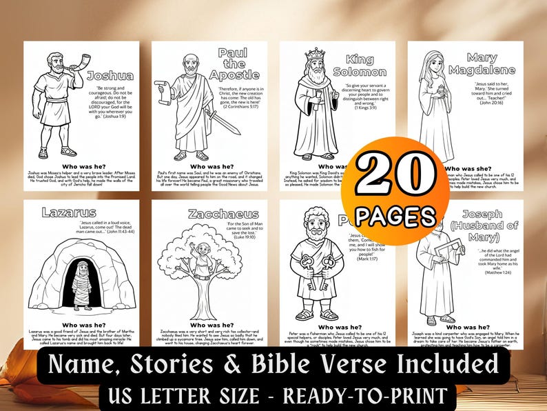 Biblical Character Coloring Pages Bundle Kids Bible Characters Stories ...