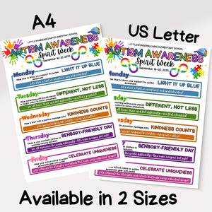 Autism Awareness Spirit Week Itinerary Schedule Special Needs Back to ...