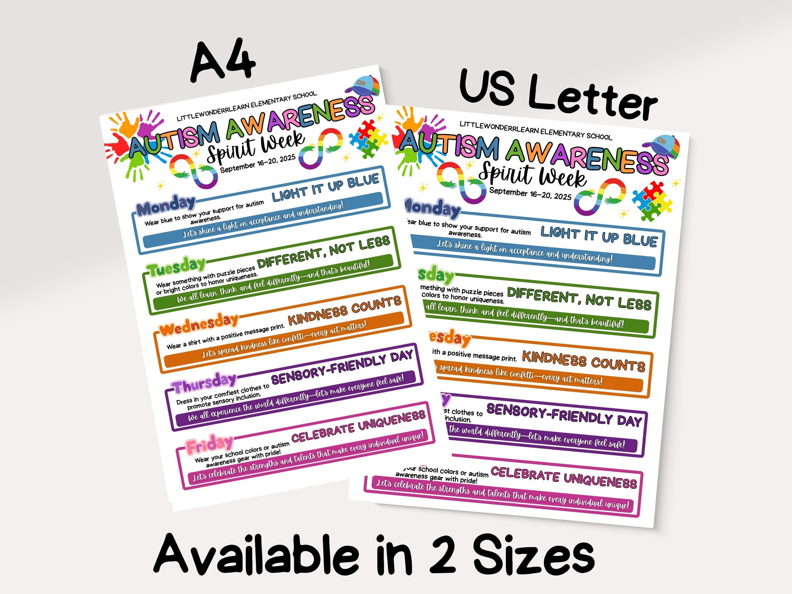 Autism Awareness Spirit Week Itinerary Schedule Special Needs Back to ...