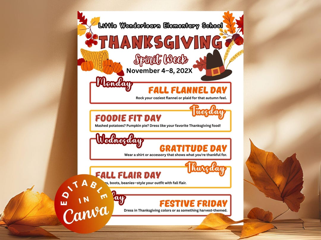 Thanksgiving Spirit Week Template Elementary School Holiday Event ...