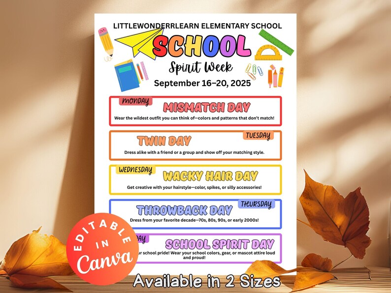 Back to School Spirit Week Itinerary Schedule Flyers Teacher & Staff ...