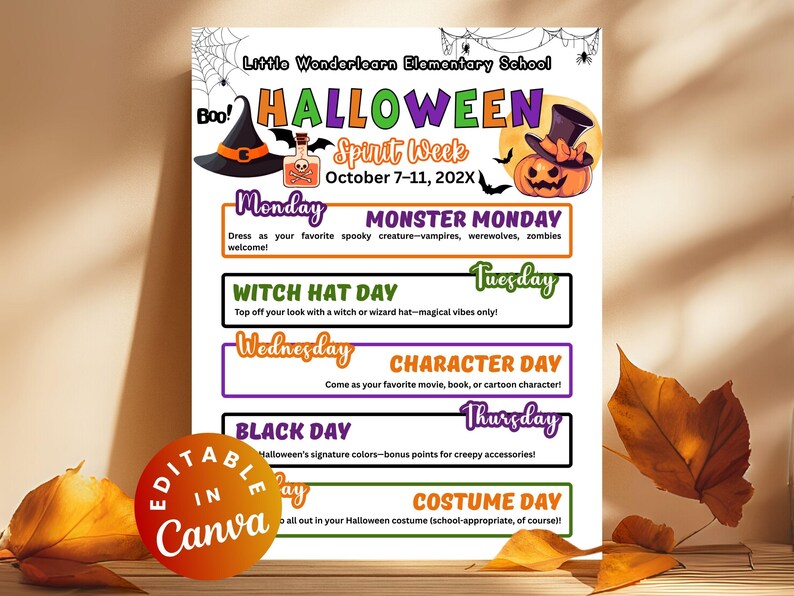 Halloween Spirit Week Elementary Dress up Days Itinerary Fall School ...
