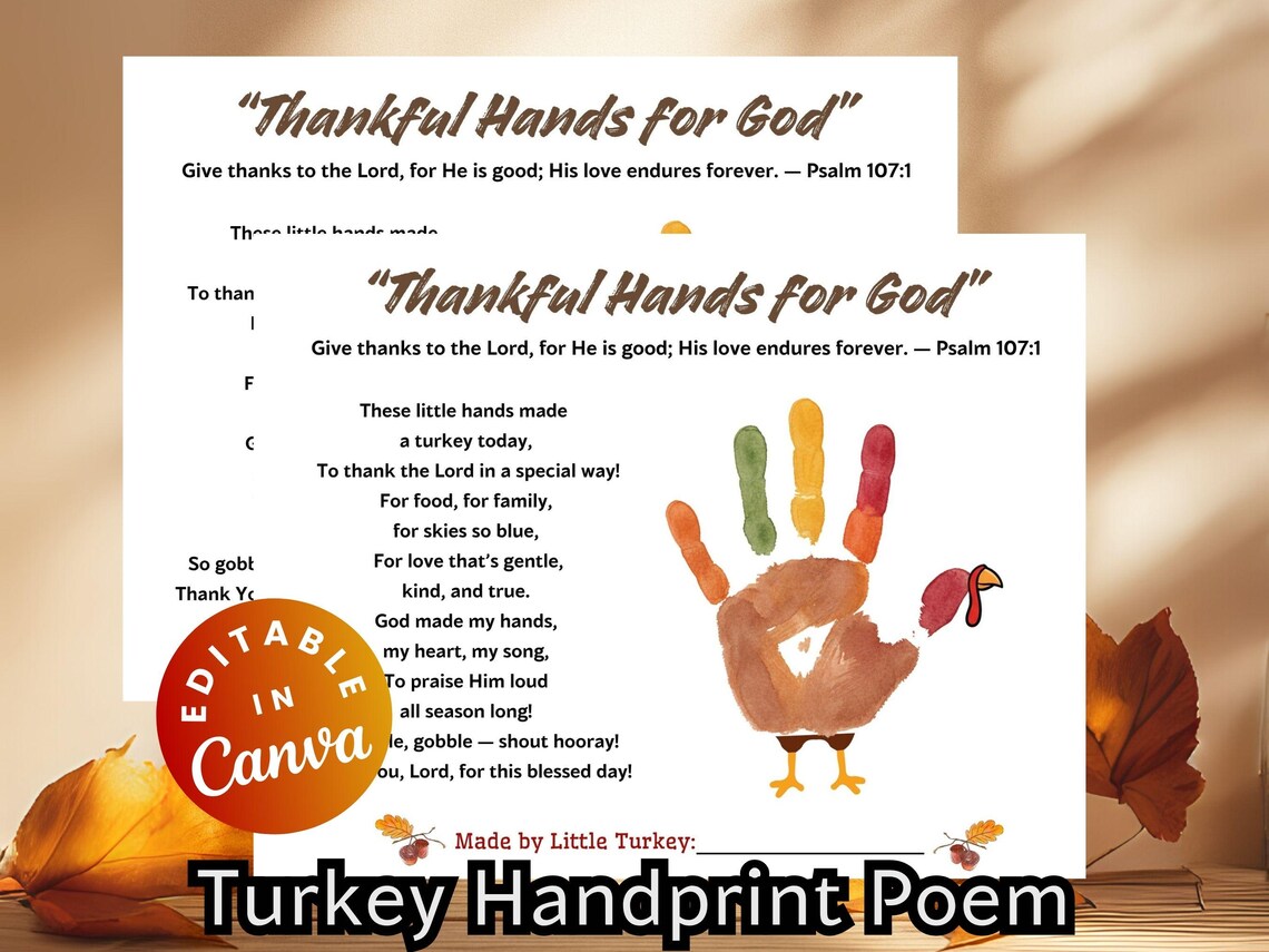 Thankful Turkey Handprint Poem Thanksgiving Keepsake Craft Sunday ...