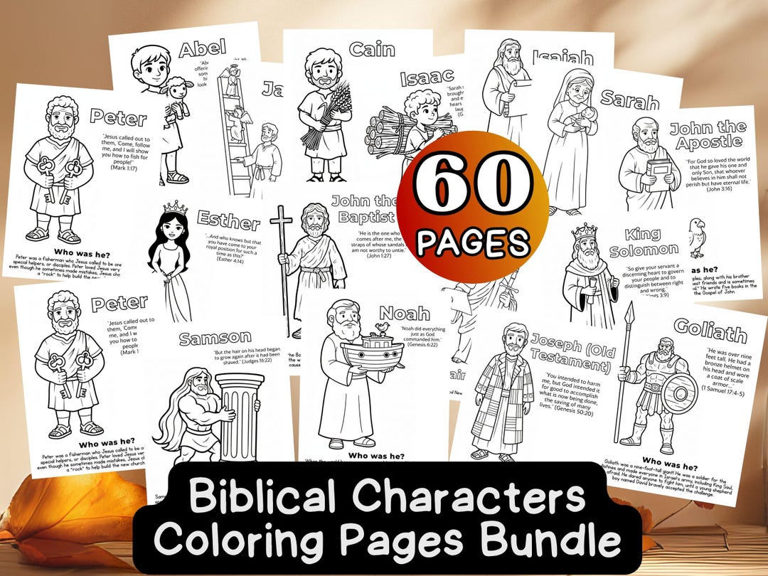 60 Christian Bible Character Coloring Pages Bundle Kids Bible Verse ...