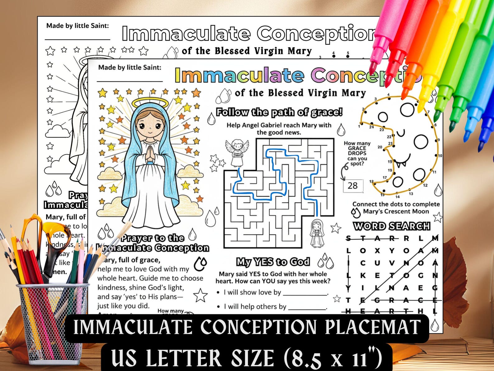 Immaculate Conception Coloring Placemat Kids Catholic Saint Activities ...
