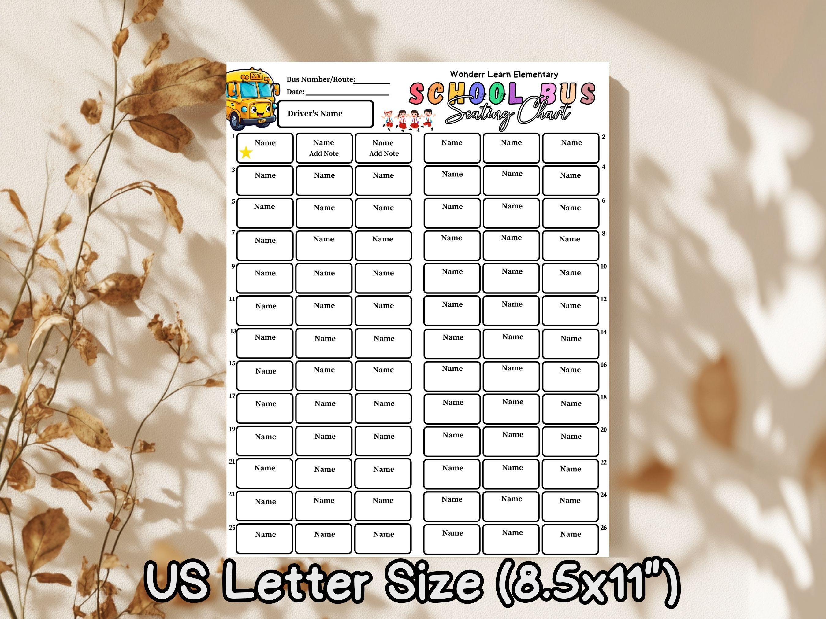 School Bus Seating Chart Printable Bus Driver Chart, Digital School Bus ...