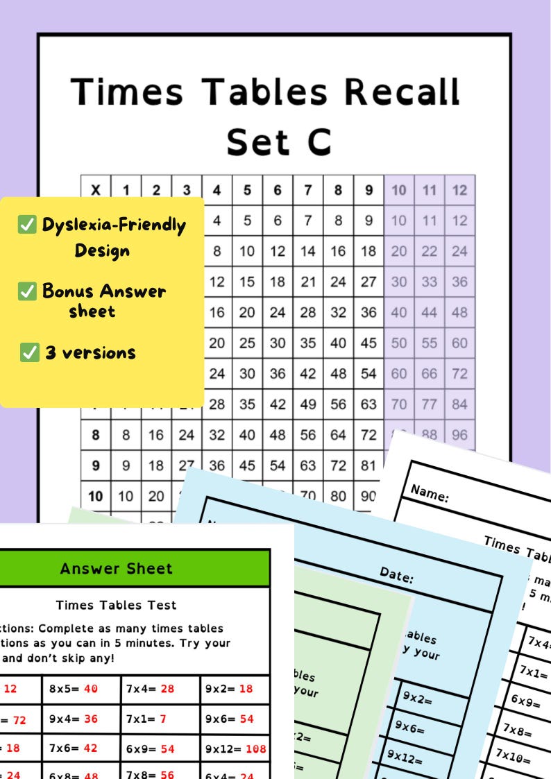 Times Tables Recall Worksheets Set C | 10x 11x 12x | Dyslexia-friendly ...