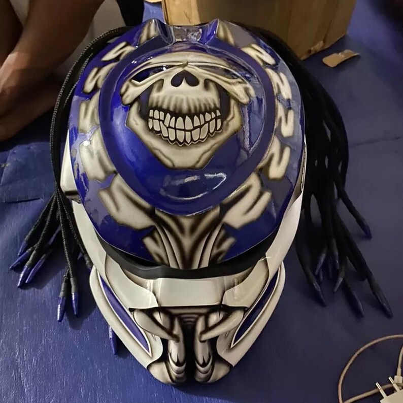 Predator Helmet Blue and White Skull Custom for Motorcycle Full Face ...