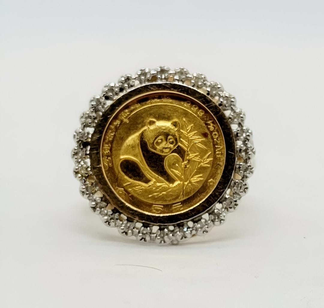 Panda Coin Shape Ring, 14k Yellow Gold Plated, Sterling Silver Halo ...