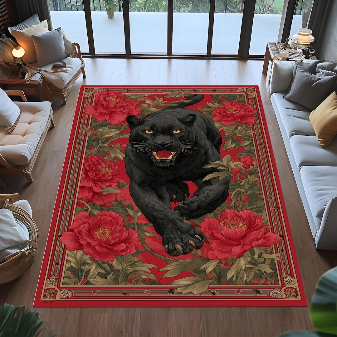 Black Panther Rug, Red Floral Jungle, Vintage Tattoo Style - Etsy