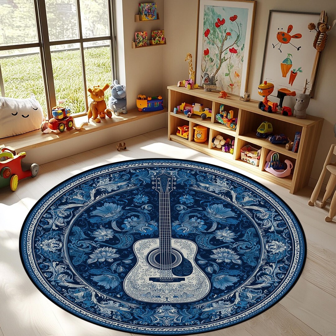 Blue Floral Guitar Round Rug, Boho Musician Decor - Etsy