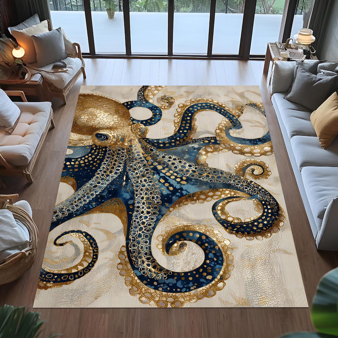 Blue and Gold Octopus Area Rug, Animal Decor Rug - Etsy