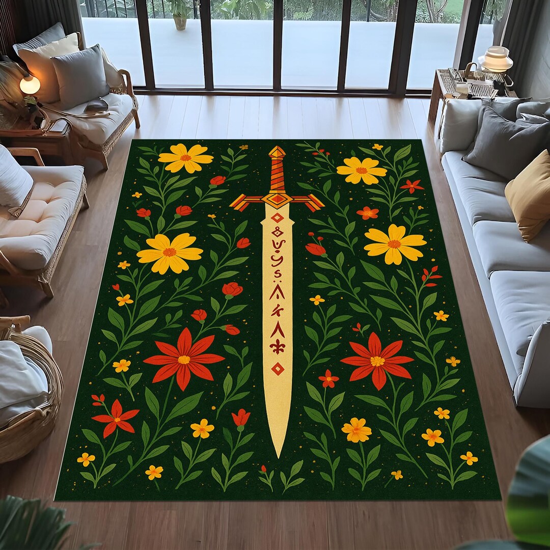 Fantasy Sword Rug, Floral Sword Rug, Magic Sword Rug, Green Floral Rug ...