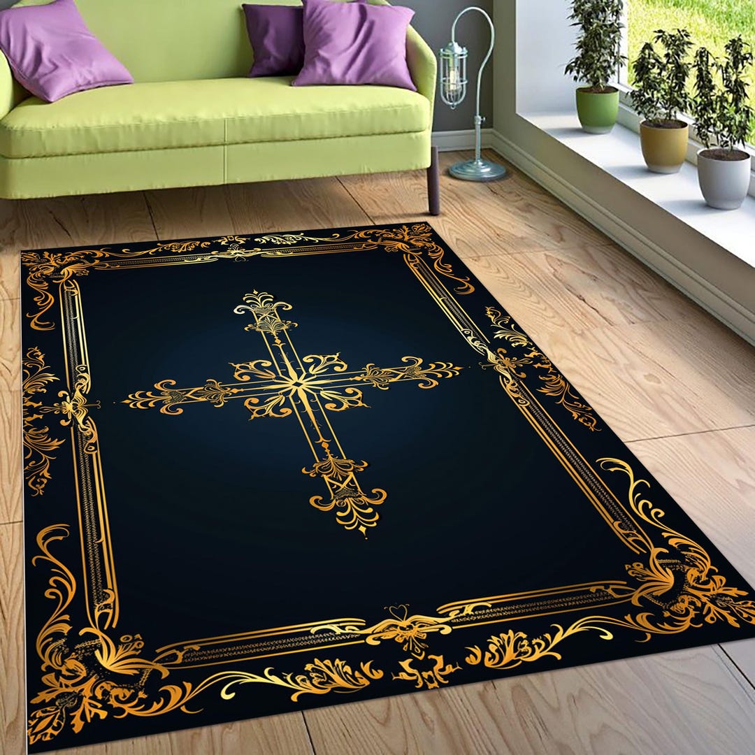 Christian Prayer Rug,golden Cross Rug,ornate Religious Christian Carpet ...