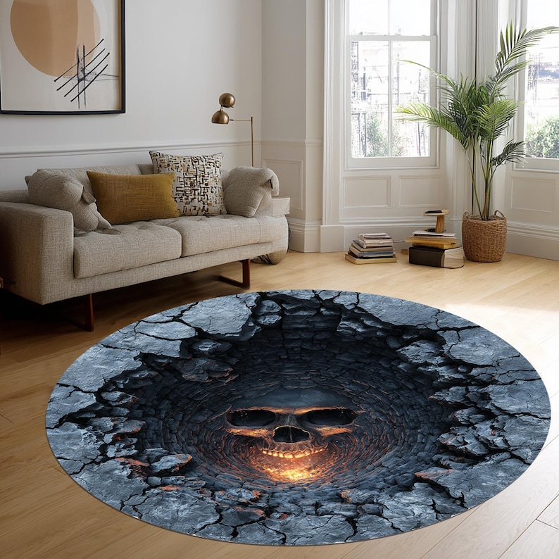 Horror Skull Round Rug, 3D Printed Halloween Decor, Non-slip Microfiber ...