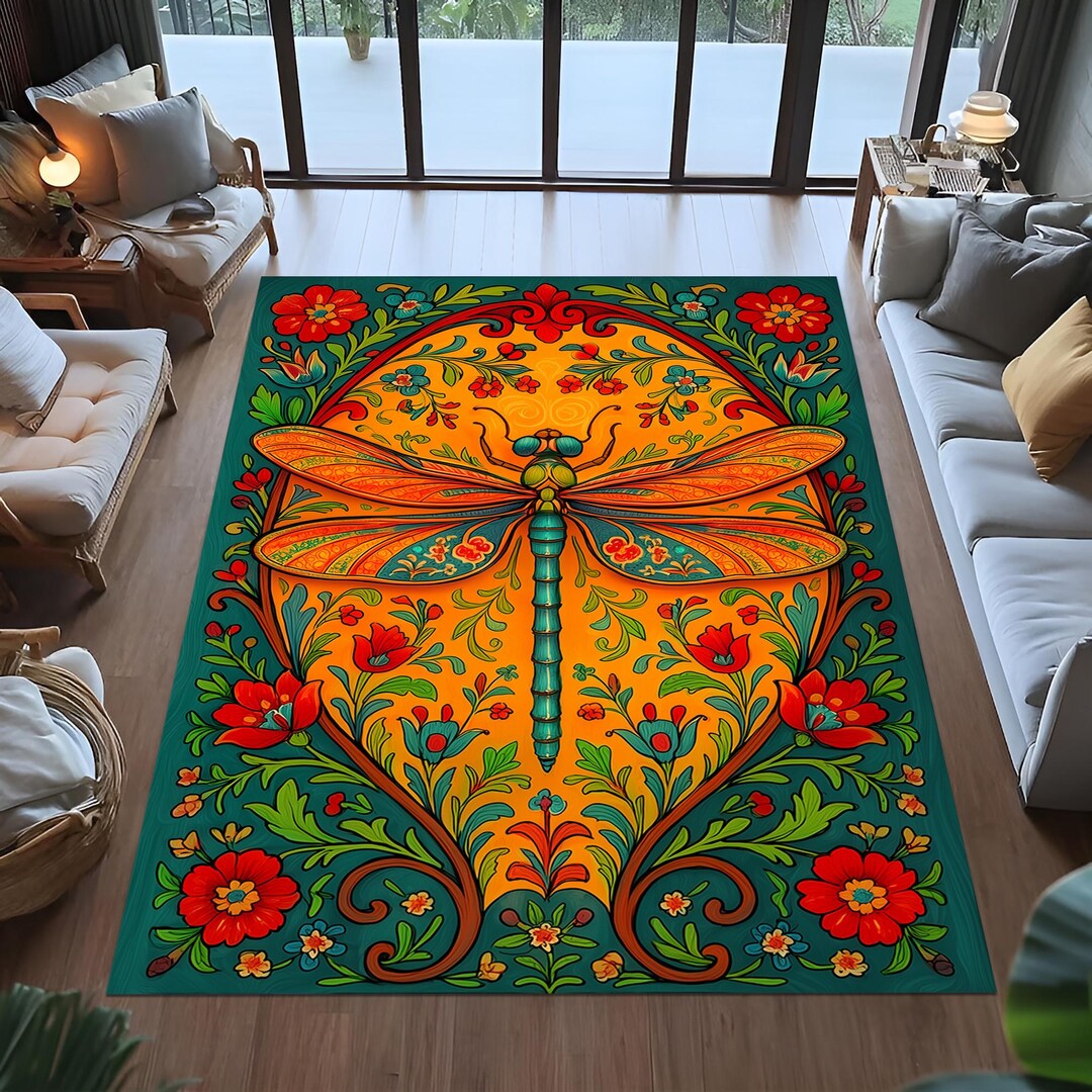 Floral Dragonfly Rug, Dragonfly Rug, Dragonfly Pattern Rug, Dragonfly ...
