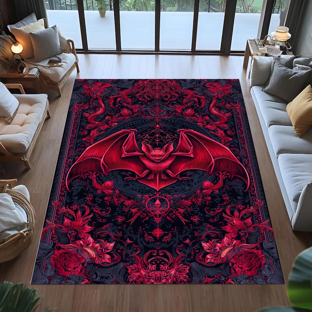 Gothic Bat Rug, Red Black Pentagram, Witchy Dark Decor - Etsy