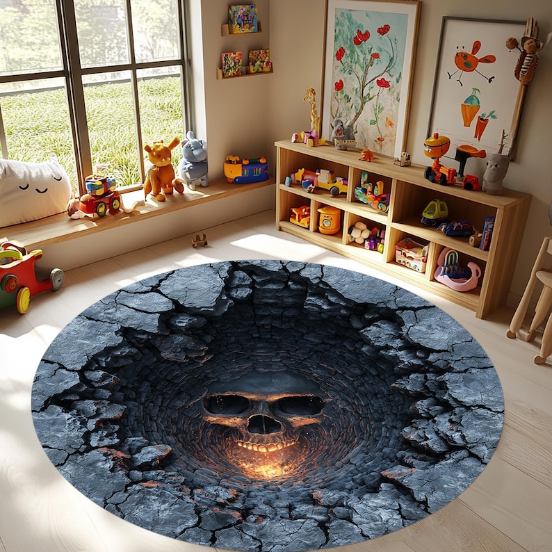Horror Skull Round Rug, 3D Printed Halloween Decor, Non-slip Microfiber ...