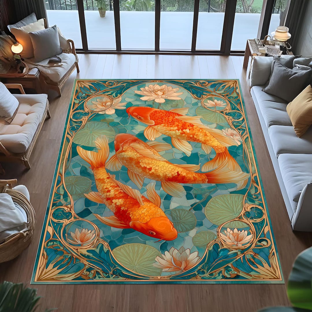 Koi Fish Rug, Japanese Art Nouveau Pond Scene - Etsy