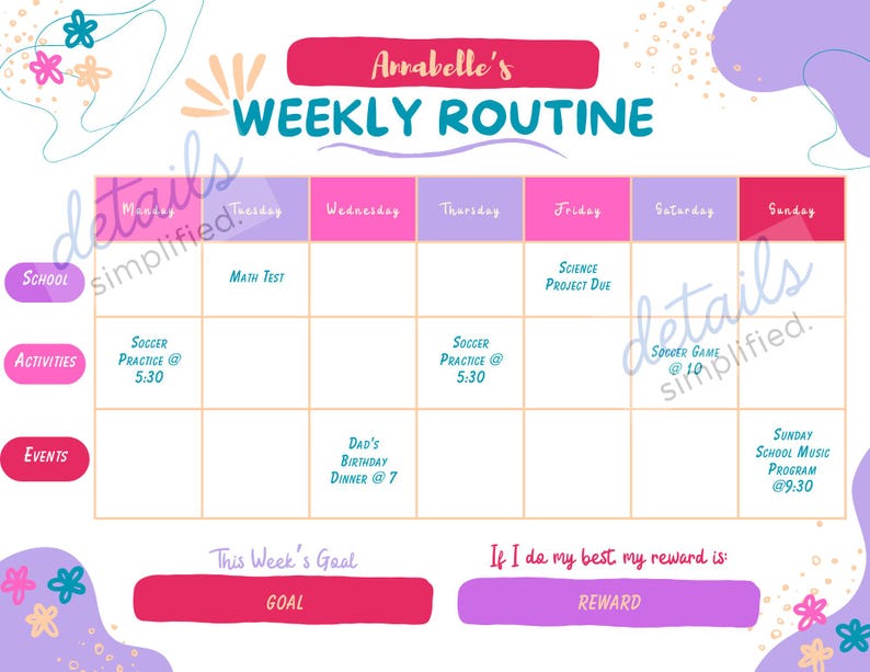 Editable Weekly Routine Chart for Kids | Girls Printable Schedule ...
