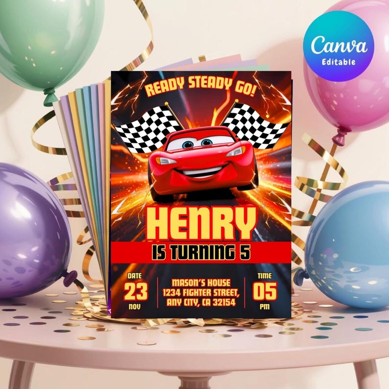 Lightning Mcqueen Birthday Invitation: Editable Canva Template (digital ...