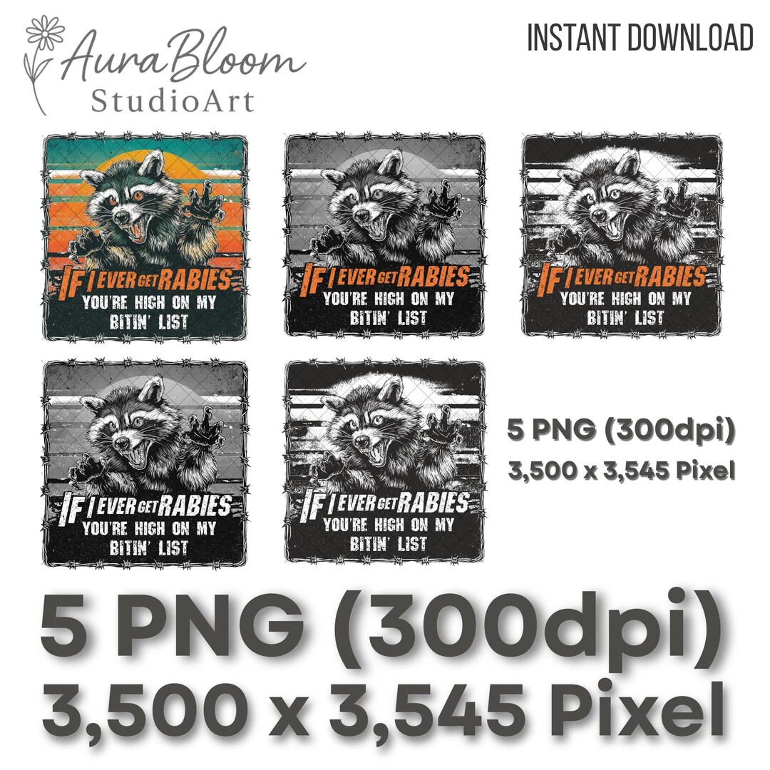 Funny Raccoon PNG Bundle: Vintage Dark Humor Digital Art (3500x3545 Px ...