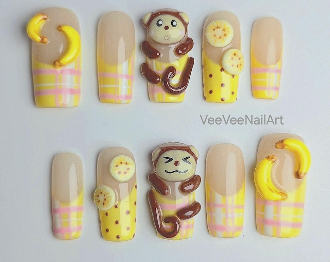 3D Monkey Press-on Nails: Playful Banana Nail Art - Etsy Canada