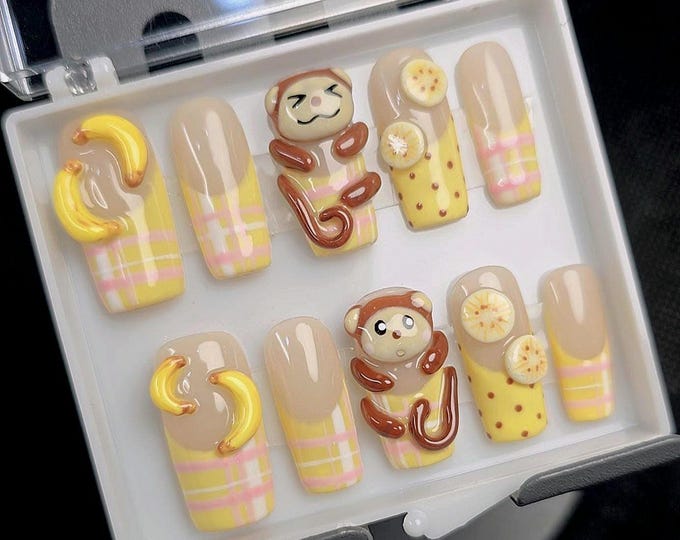 3D Monkey Press-on Nails: Playful Banana Nail Art - Etsy Canada