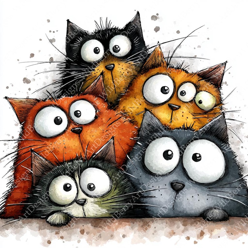 Watercolor Whimsical Cats Clipart Bundle Funny Cute Quirky Cats JPG ...