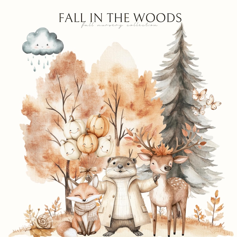 Watercolor Autumn Woodland Animals, Cute Fall Forest Baby Animals ...