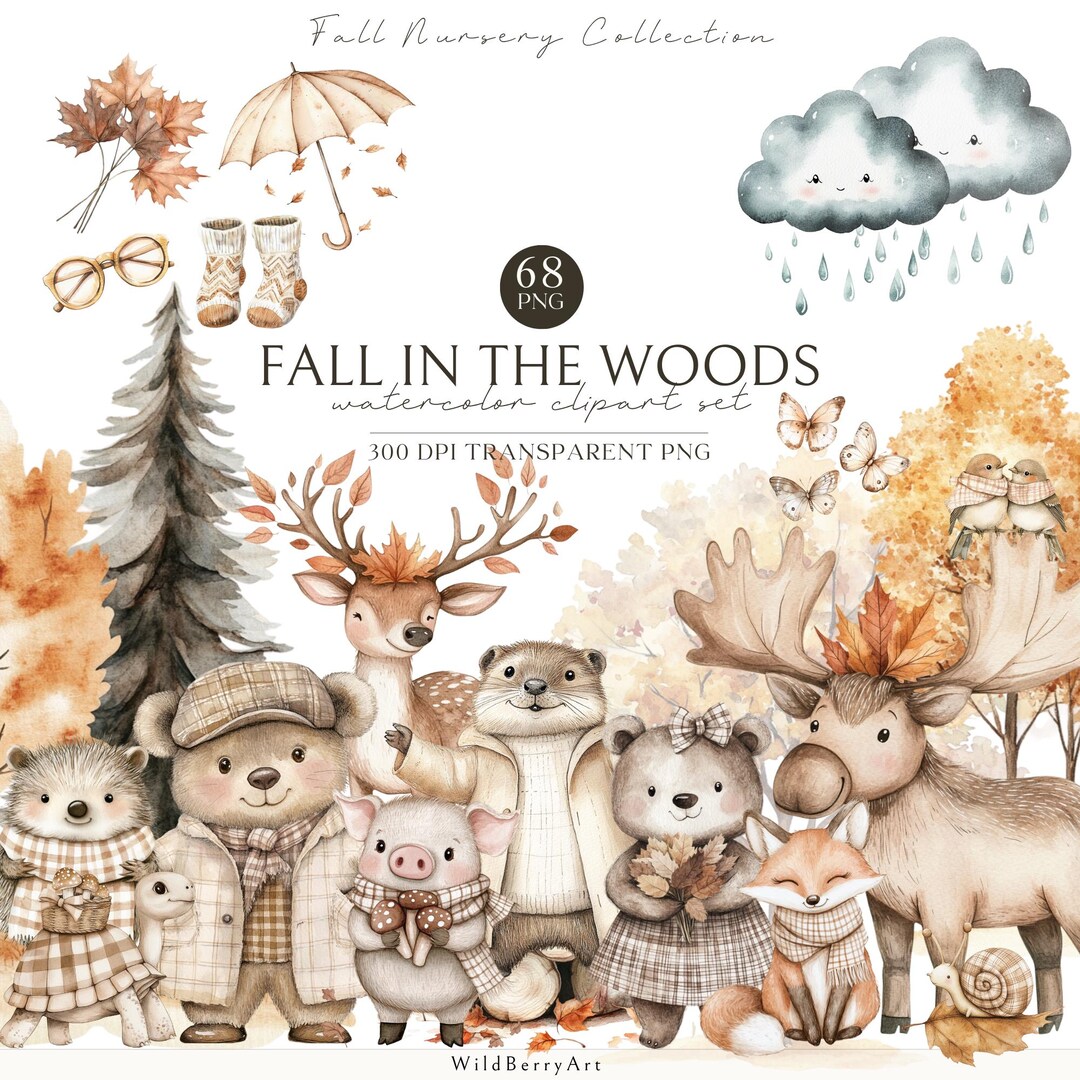 Watercolor Autumn Woodland Animals, Cute Fall Forest Baby Animals ...