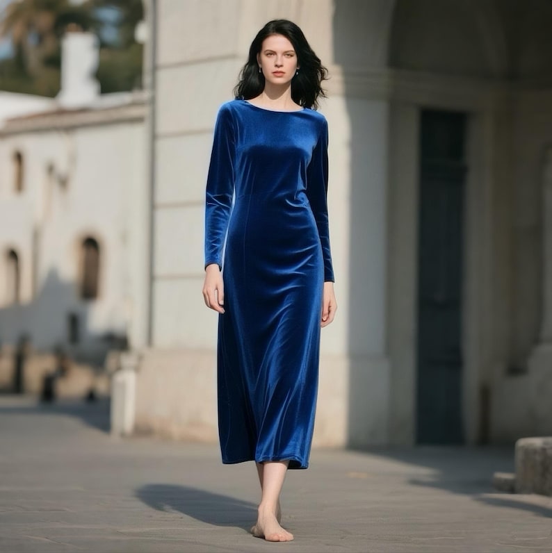 Royal Blue Velvet Maxi Dress: Elegant Long Sleeve Evening Gown - Etsy