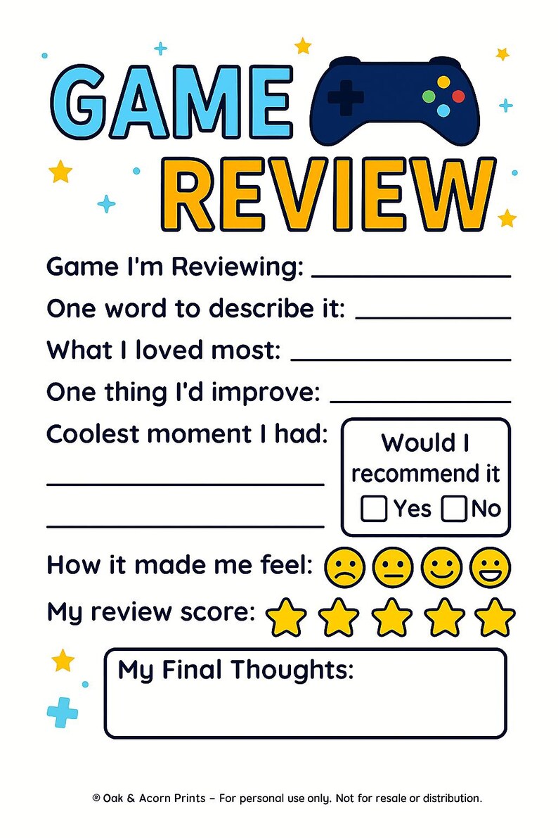 Gaming Journal for Kids: 5 Printable Game Review Worksheets (digital ...