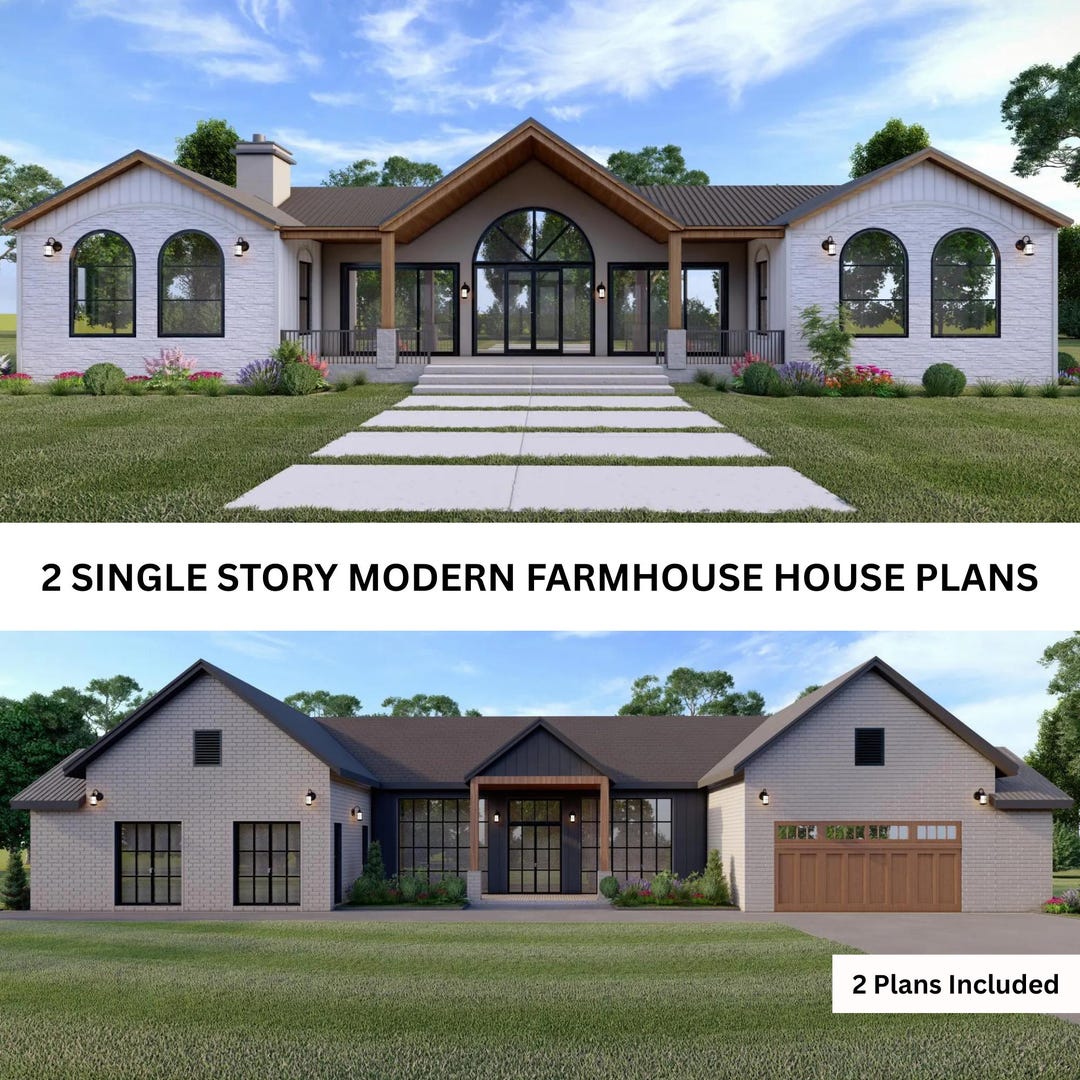 2 Modern Farmhouse Plans Bundle – Single Story Home Designs, Open Floor ...