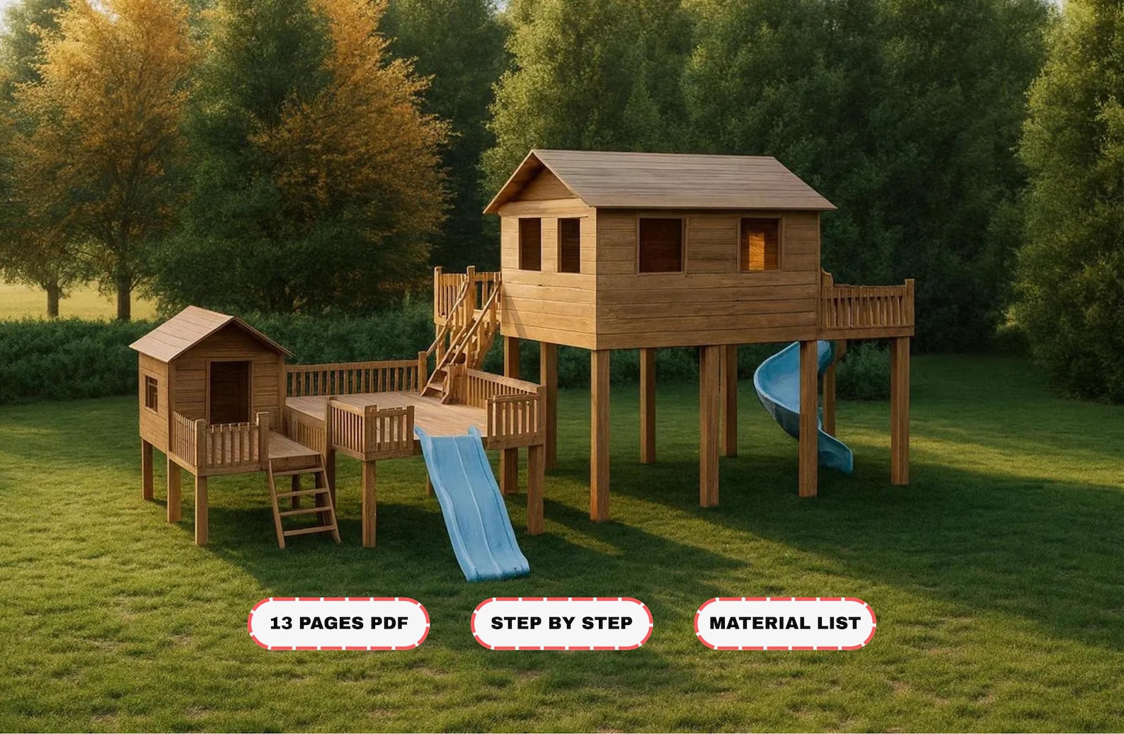 Large Kids Playhouse Plans With Deck & Slide | DIY Backyard Wooden ...
