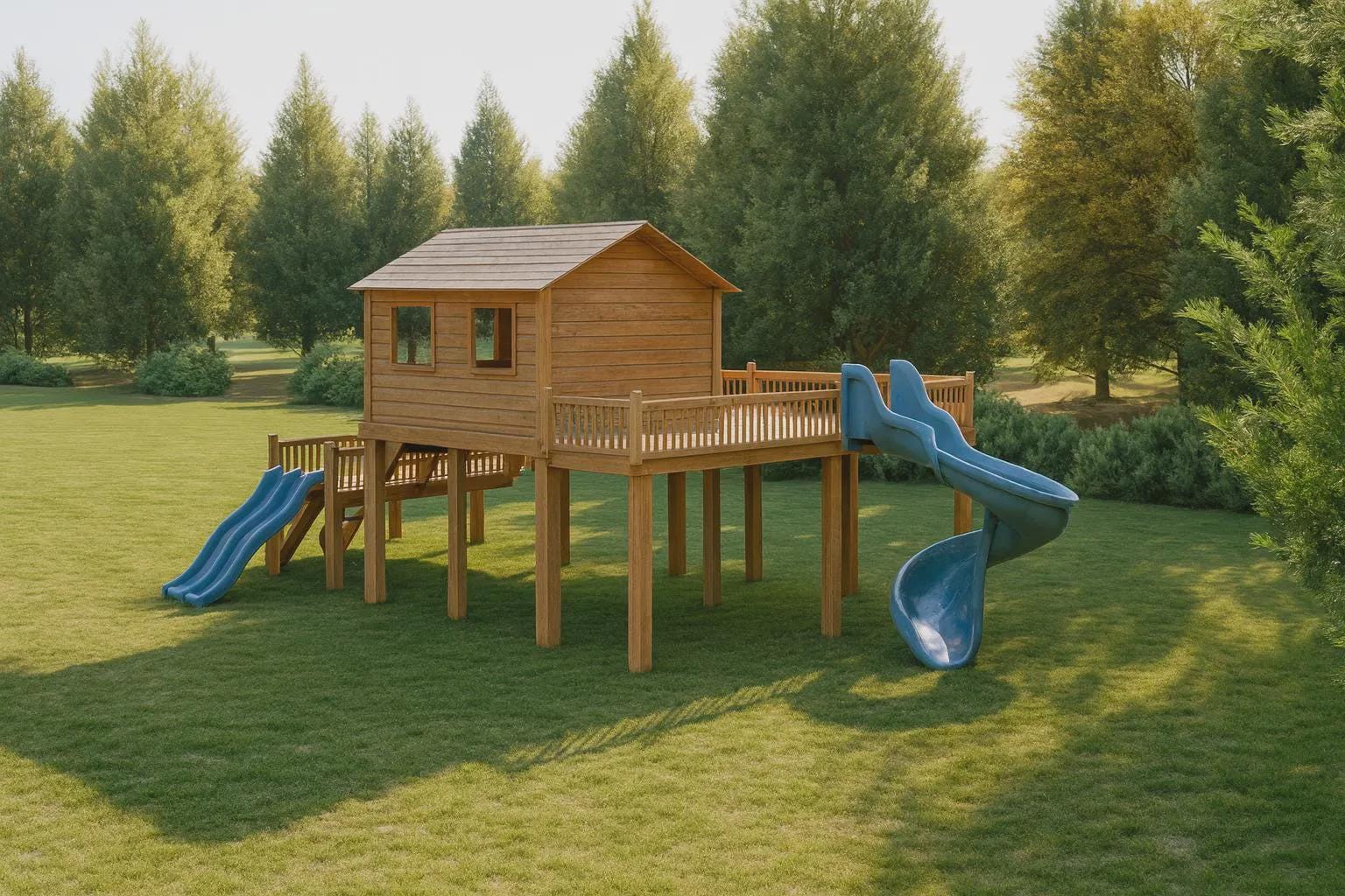 Large Kids Playhouse Plans With Deck & Slide | DIY Backyard Wooden ...