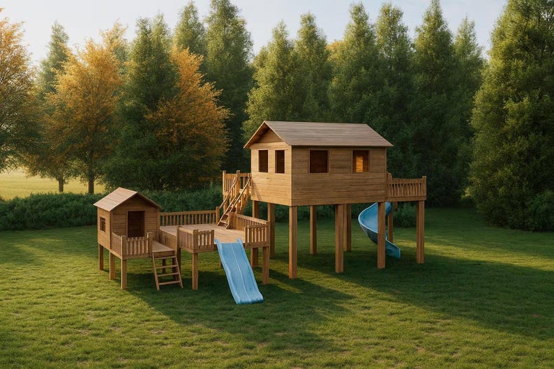 Large Kids Playhouse Plans With Deck & Slide | DIY Backyard Wooden ...