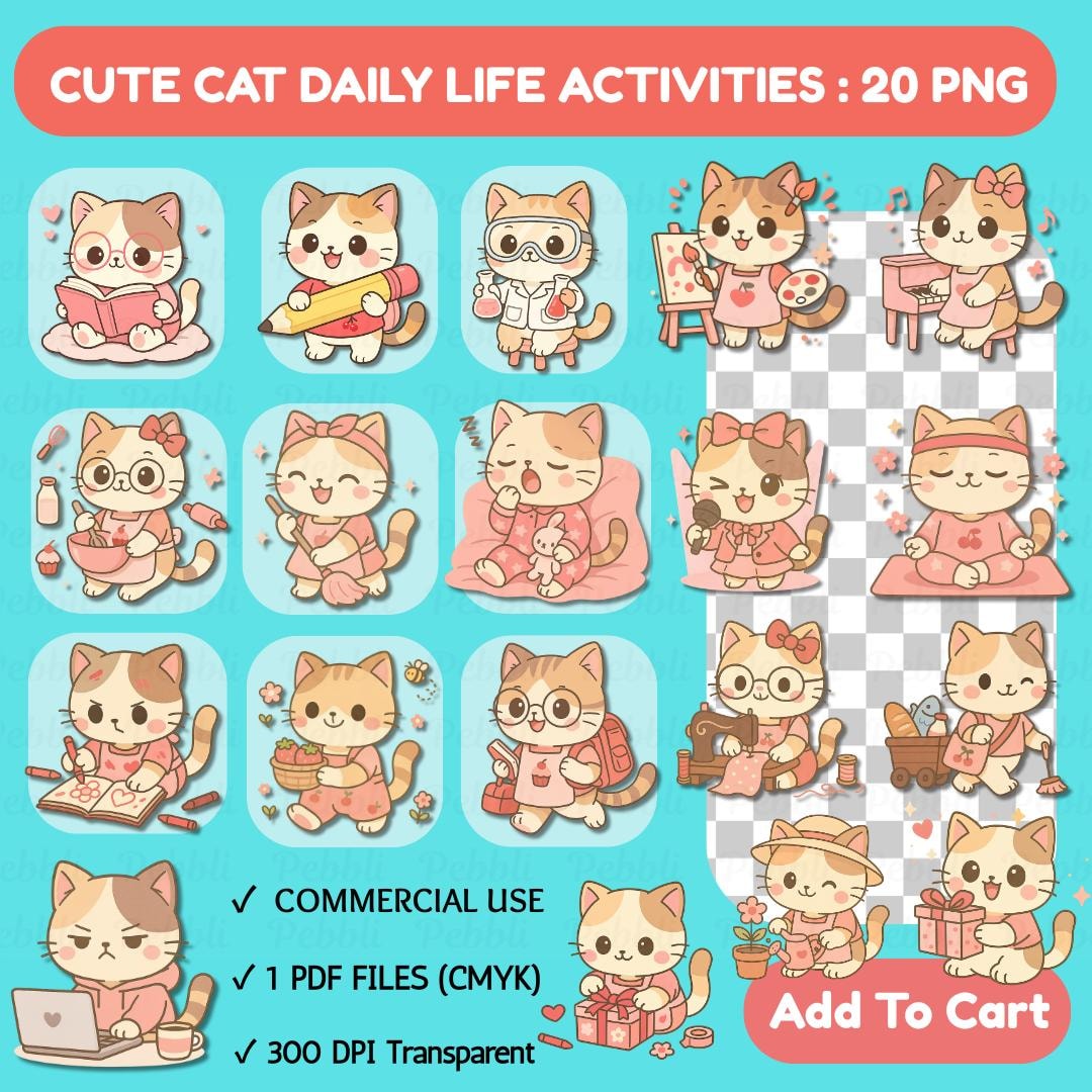 Kawaii Cat Stickers PNG – Cute Daily Life Sticker Pack for Planner ...