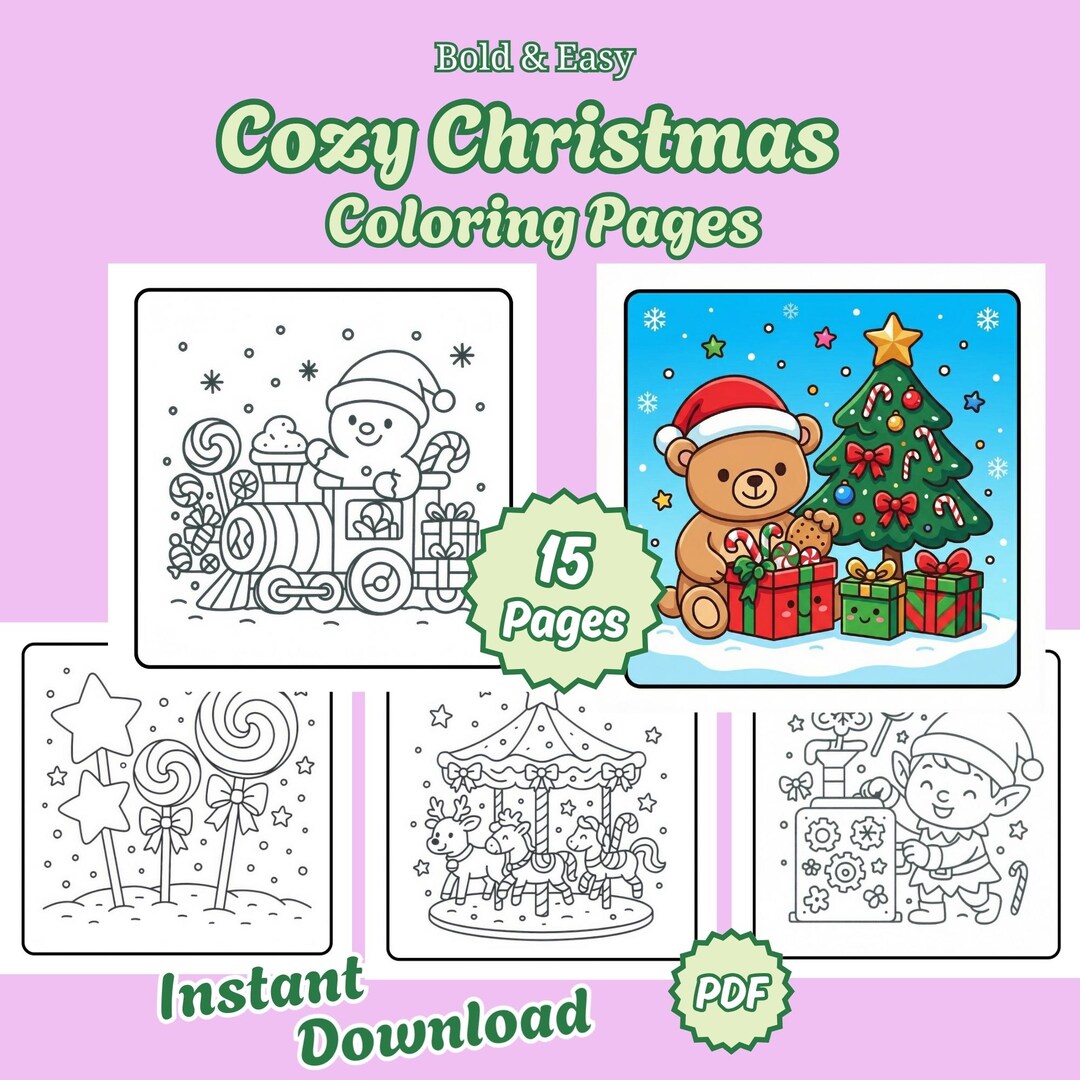 Cozy Christmas Coloring Pages for Kids: 15 Bold & Easy Designs (PDF) - Etsy