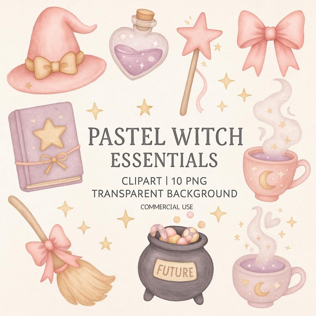 Kawaii Halloween Witch Clipart PNG Bundle Pastel Magic Elements for ...