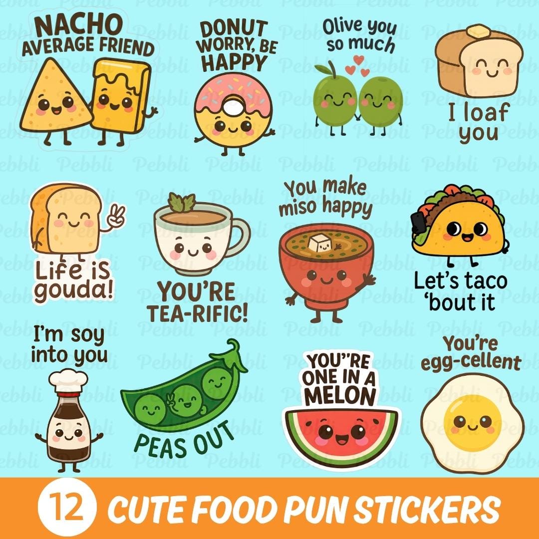 Cute Food Pun Sticker Pack, Kawaii Funny Food Quotes PNG, Adorable ...