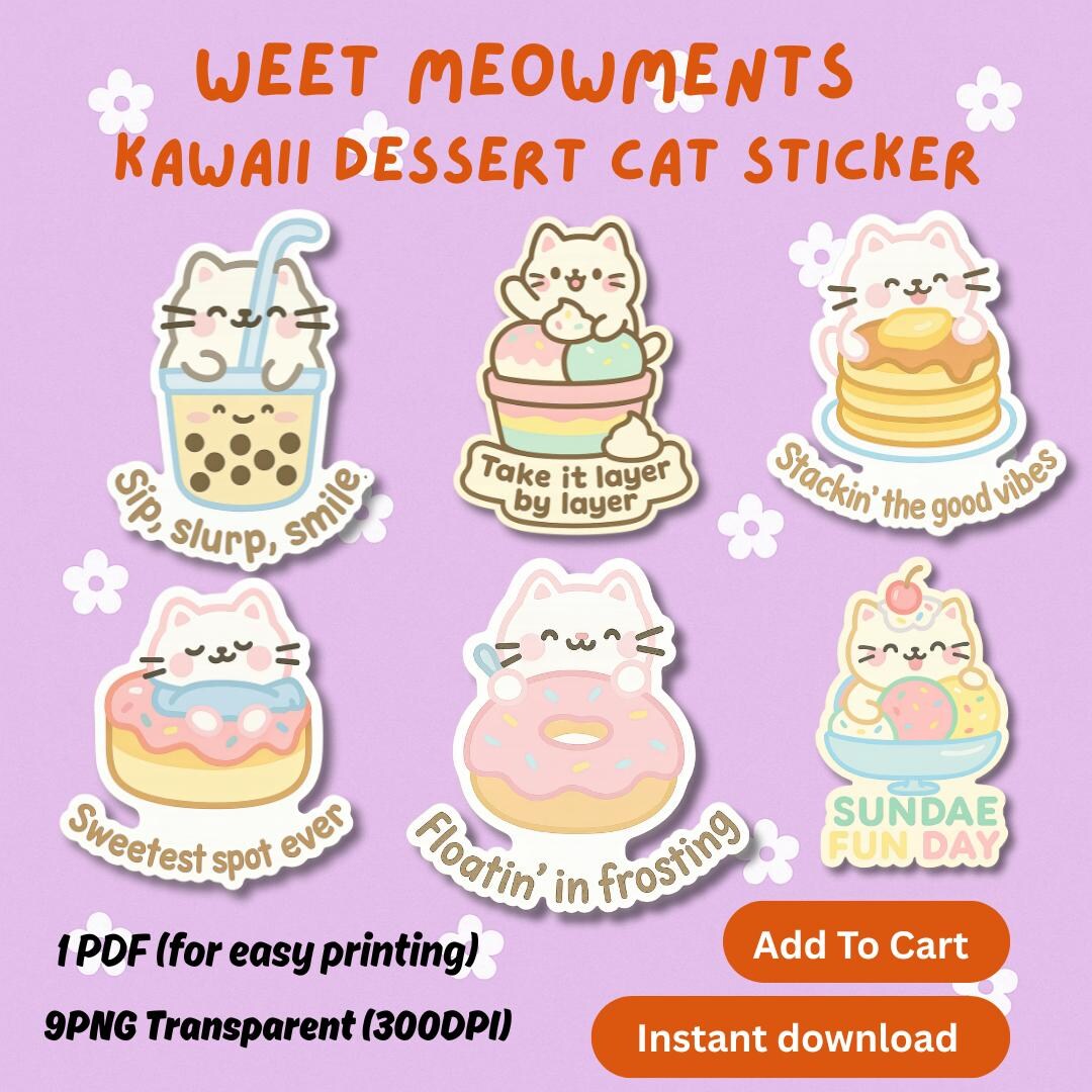 Dessert Cat Sticker Set – Pastel Boba, Pancake, Donut PNG | Printable ...
