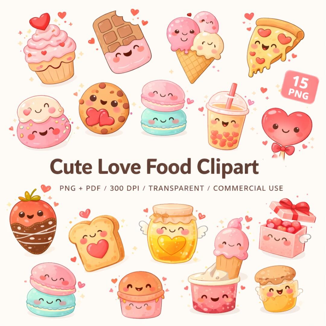 Cute Love Food Clipart, Valentine Kawaii PNG Bundle, Sweet Dessert ...