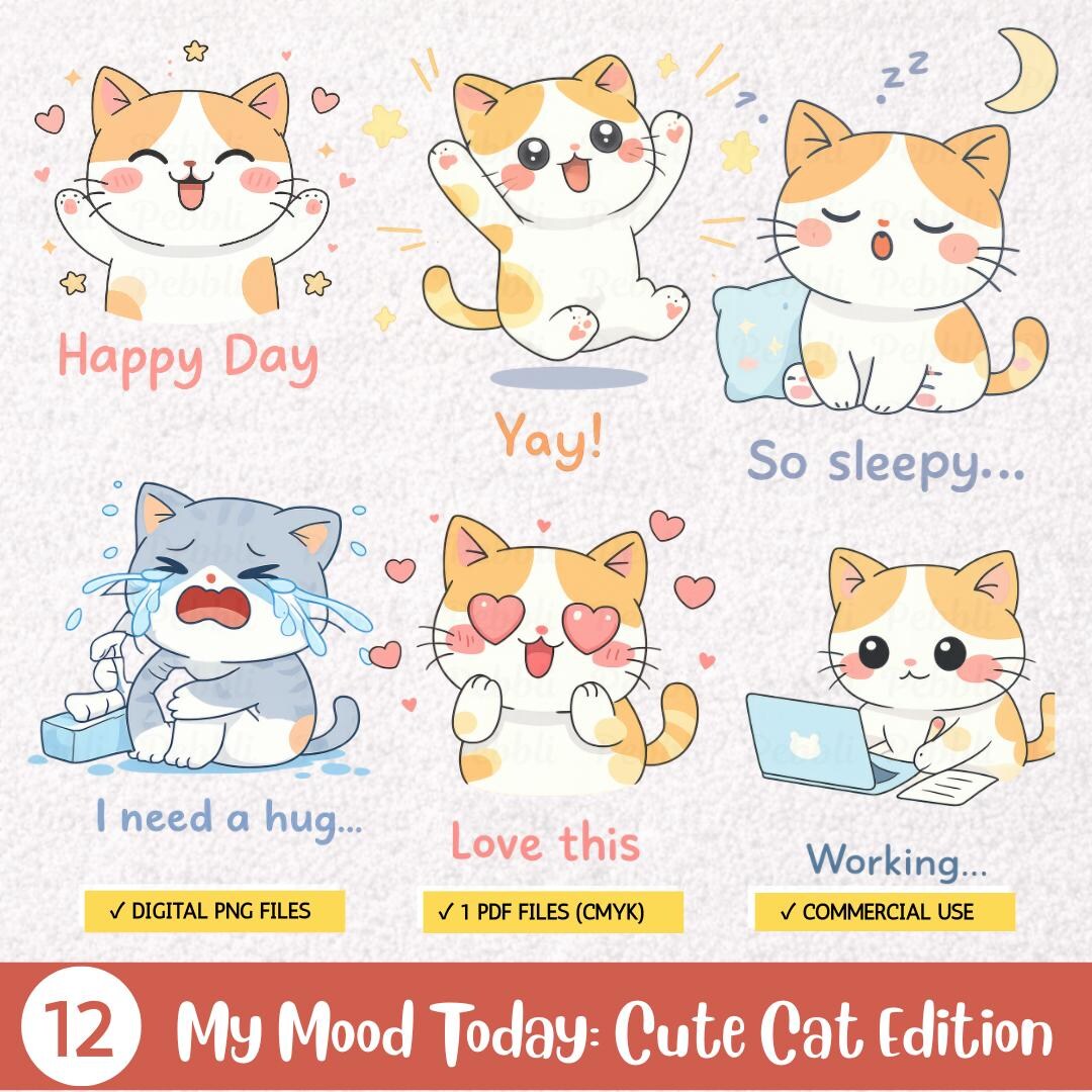 Kawaii Cat Mood Tracker, Digital Planner Stickers (PNG/PDF), Twitch ...